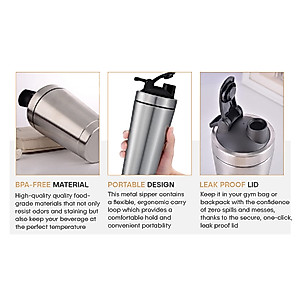 WAASS Double Wall, Stainless Steel Vacuum Insulated Protein Shaker Bottle with Mixer Ball for Gym - Leakproof One-Click Lid - BPA-Free Metal Smoothie Cup for Hot & Cold Drinks (Black)