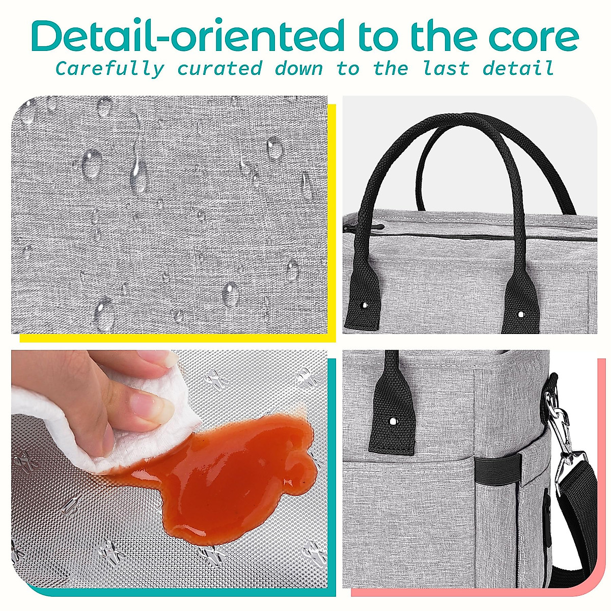 KIPBELIF Insulated Lunch Bags for Women - Large Tote Adult Lunch Box for Women with Shoulder Strap, Side Pockets and Water Bottle Holder, Gray, Normal Size