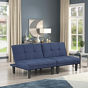 KAIRUITUCH 3-in-1 Convertible Futon Sofa Bed Twin, Loveseat Futon Couch Daybed with Folding Adjustable Backless, 2 Piece Small Futon Couch Chairs for Living Room, Apartment, Blue Fabric 306BL1-2PCS