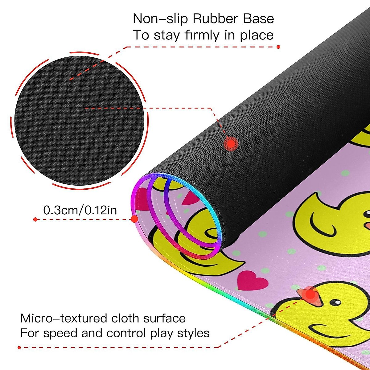 VKPSCHJ Desk Pad with Wireless Charging Ducks and Pink Heart Large RGB Gaming Mouse Pads 10 Light Modes Polka Dots 15W Computer Keyboard Mat Antislip Protector Mats for Office Home Table Gaming Decor