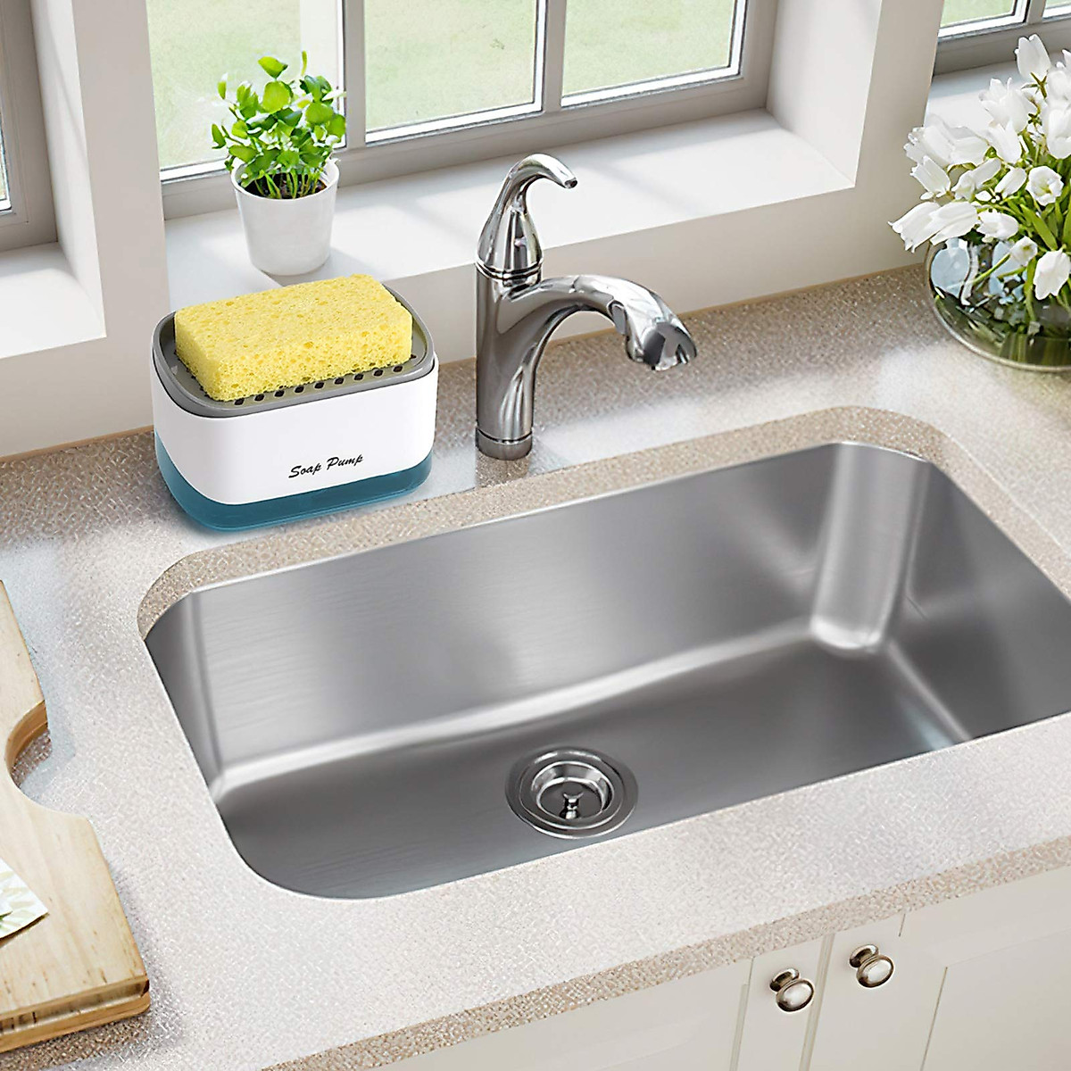 Kitchen Dish Soap Dispenser with Sponge Holder, 2022 Newest 2-in-1 Countertop Soap Pump Dispenser, for Kitchen Sink Dishwashing Soap Dispenser - 12.5 Ounces