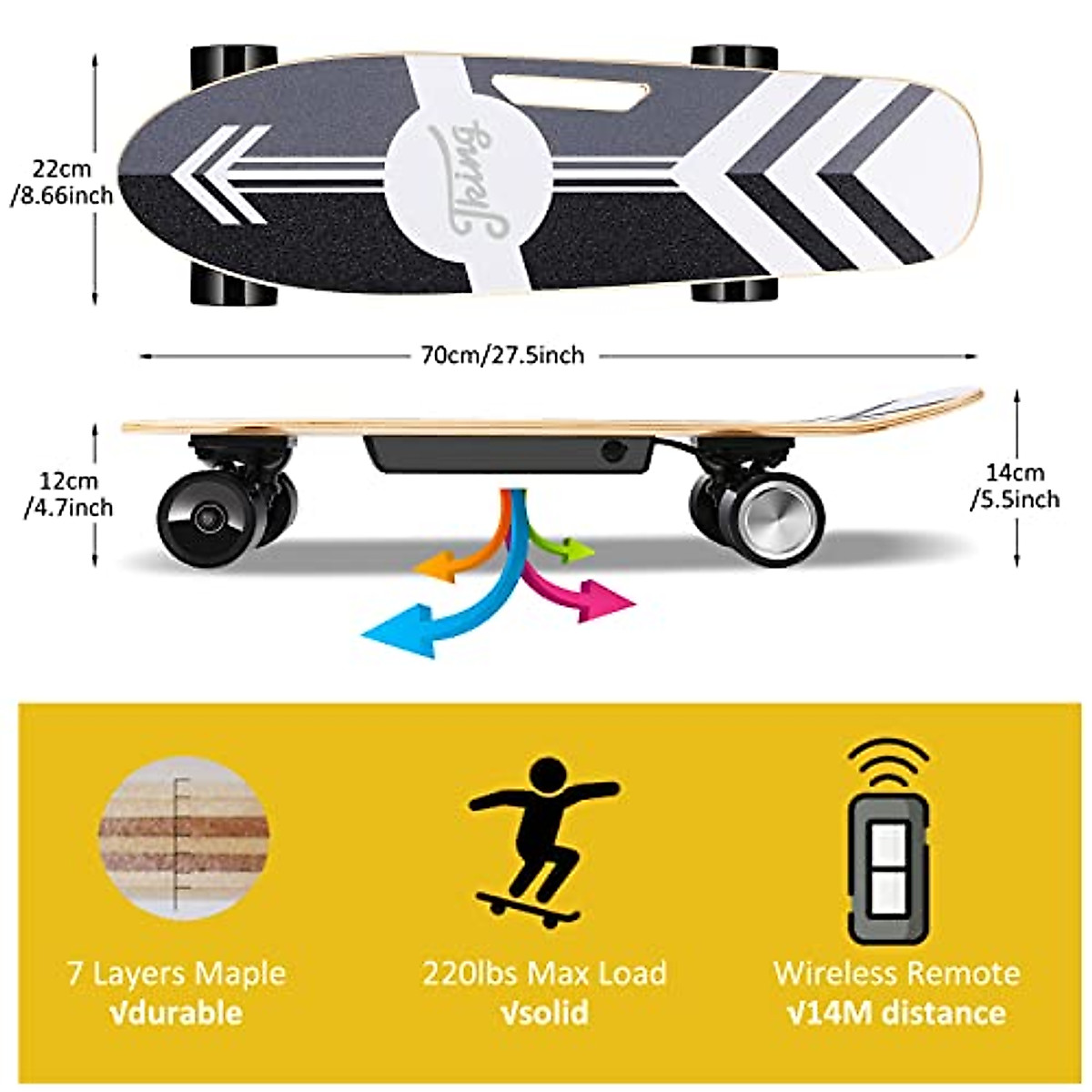 CAROMA 350W Electric Skateboard for Adults Teens, 27.5" 7 Layers Maple Electric Longboard with Remote, 12.4 MPH Top Speed, 8 Miles Max Range, 220lbs Max Load E Skateboard
