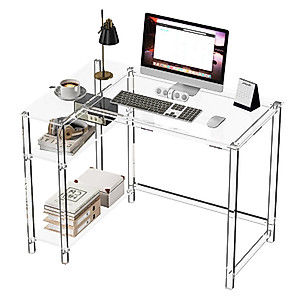 Eglaf Acrylic L-Shaped Desk - Clear Desk with Reversible Storage Shelves - Modern Home Office Desk Corner Desk for Study, Writing, Rectangular Legs, Easy Assembly, 39.4" L x 27''W x 29.5" H