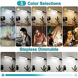 TOMSOO 5X Magnifying Glass with Light and Clamp, 5 Color Modes Stepless Dimmable Lighted Magnifier with Stand, Flexible Gooseneck LED Desk Lamp Hands Free for Craft Reading Painting Hobby Close Work