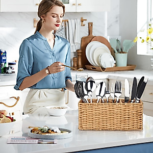 Ayiaren Wicker Flatware Silverware Caddies Cutlery Holder Best Kitchen Silverware Organizer Storage for Countertop Silverware Utensils Holder Party Spoon Knives Fork Holder Flatware Utensil Caddy