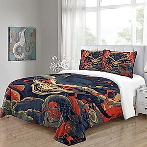 LENTLY Japanese Demon 3D Print Bedding Set for Childrens and Adults Duvet Cover Soft Microfiber Demon Illustration Comforter Cover with Pillowcase 3 Pcs Quilt Cover Twin（173x218cm）