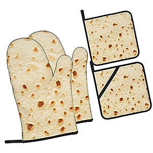 LAKIMCT Tortilla Bread Print Oven Mitts and Pot Holders Sets Non-Slip Potholders Heat Resistant Oven Gloves for Kitchen Baking Cooking BBQ, 4-Piece Set