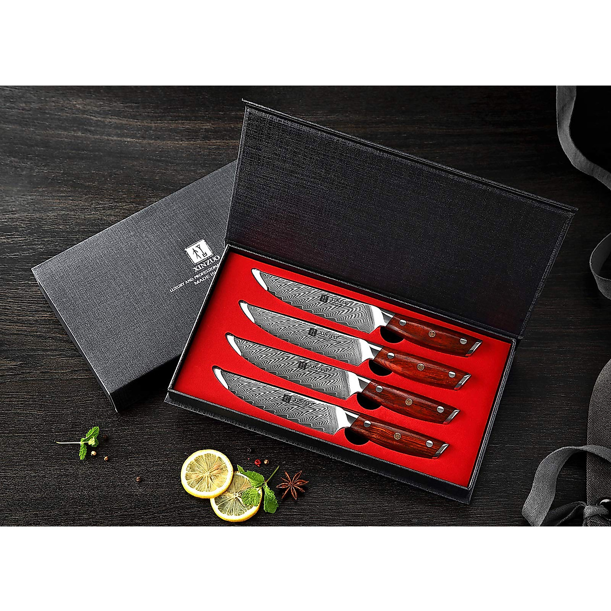 XINZUO Damascus Steel 4Pcs Steak Knife Set, 5 Inch Premium Dinner Knife Set Sharp Kitchen Table Knives -Straight Edge Blade -Triple Rivet -with Gift Box -Ergonomic Rosewood Handle-Yi Series