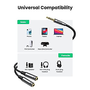 UGREEN Headphone Splitter Headset Splitter Audio Mic Y Adapter Braided 3.5mm TRRS Male to 2 Female Cable with MIC Compatible with PS5 PS4 Xbox One Controller, Phone to Earphone, Gaming Speaker