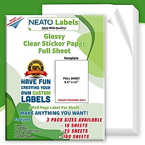 Clear Transparent Sticker Paper (8.5” x 11”) - 100 Sheet Pack - Glossy Full Sheet Vinyl Labels for Inkjet Printers - Tear-Resistant, Strong Adhesive, Weather Resistant - DIY & Craft Projects Labels