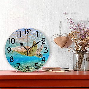 Naanle Chic 3D Underwater Ocean Swimming Sea Turtle Print Round Wall Clock Decorative, 9.5 Inch Battery Operated Quartz Analog Quiet Desk Clock for Home,Office,School