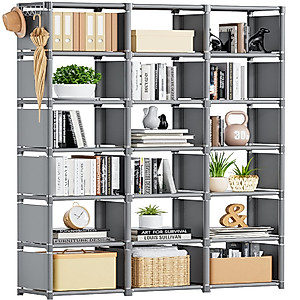 Mavivegue 9+18 Cube Modern Industrial DIY Bookcase, Metal Cubical Book Shelf, Tall Storage Organizer for Bedroom, Living Room, Office, Closet, Black Cubicle Storage Rack-Grey