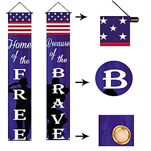 American Flag Patriotic Soldier Free&Brave Porch Banner,Patriotic Hanging Banner for Memorial Day Independence Day Veterans Day Yard Indoor Outdoor Decor