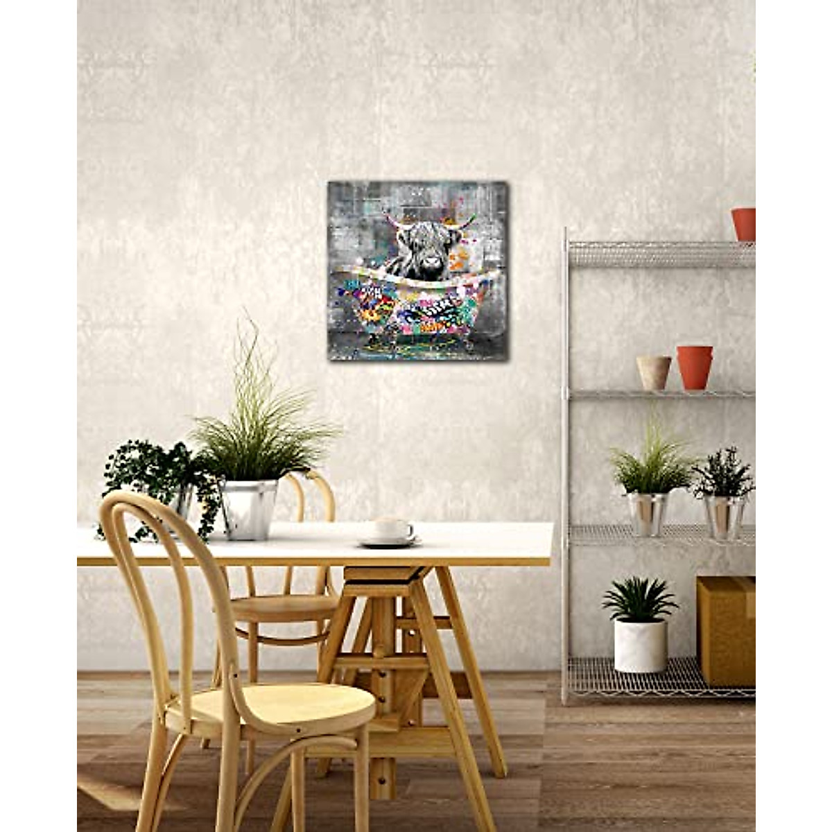 Kepgonegu Highland Cow Bathroom Wall Art Banksy Graffiti Canvas Wall Art Black and White Wall Art Ready to Hang Size 14”W x 14”H