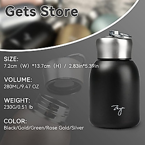 Gets Mini 9 oz Stainless Steel Water Bottle, 280ML Vacuum Insulated Water Bottle Leak Proof Sport Tumbler Cup Hot and Cold Water Bottle (Black)