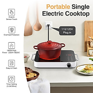 GIHETKUT Single Burner Electric Cooktop,1800W 110V Electric Stove Top with Knob Control, Portable Cooktop with 2 Handle,single burner electric stove with Double Ring Heating, 4 hours Timer