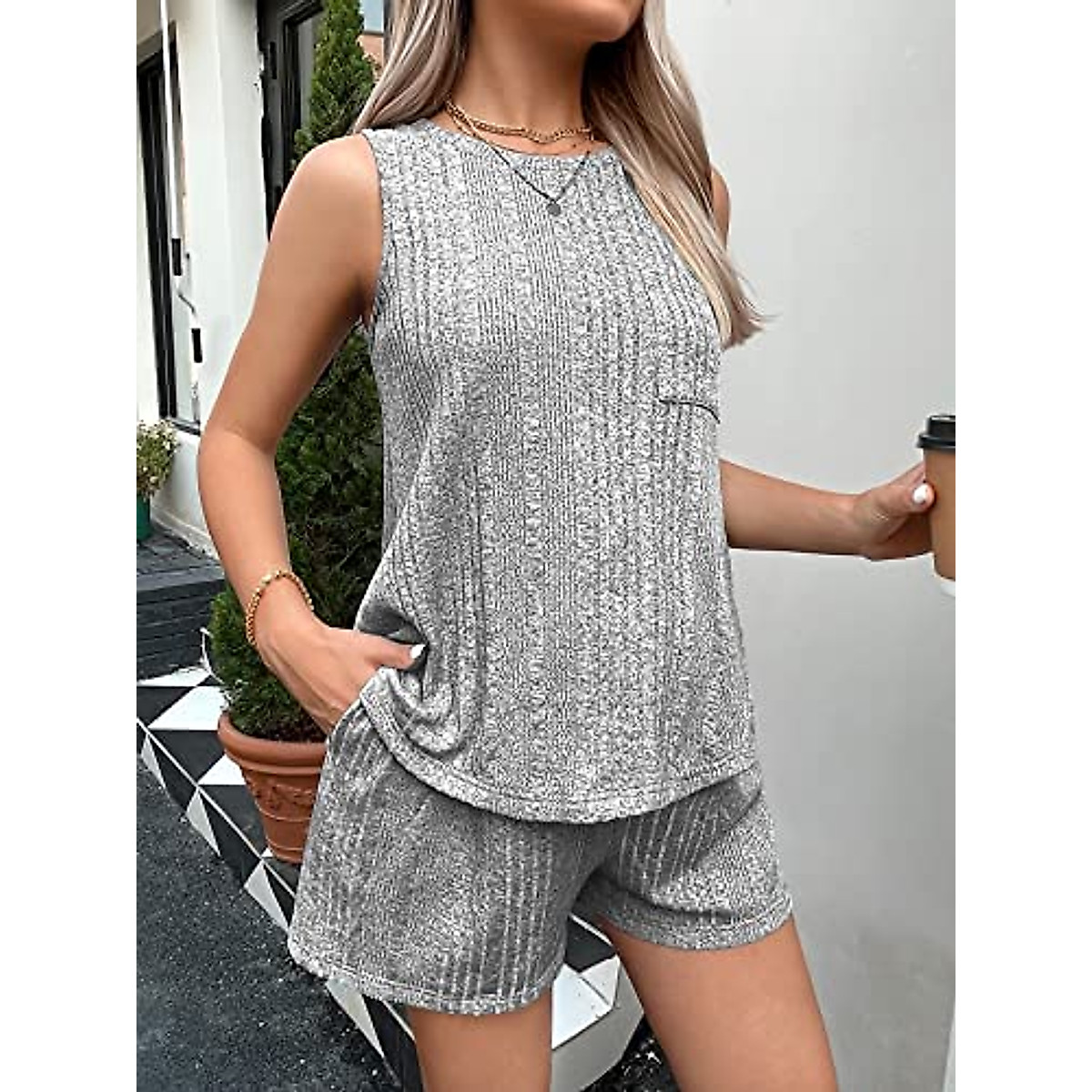 OYOANGLE Women's Maternity 2 Piece Pajamas Outfits Round Neck Tank Top and Adjustable Waist Shorts Loungewear Light Grey XL