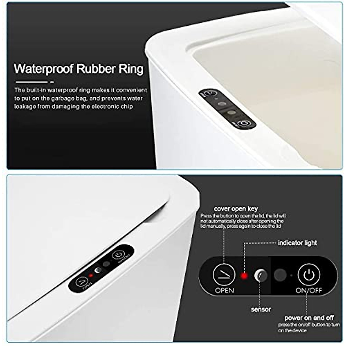 Touchless Trash Can with Lids, 14L Wastebasket Plastic Recycling Bin, Automatic Motion Sensor Kitchen Garbage Can, 3.7 Gallon Small Waste Container Bin for Home, Office, Bathroom, Living Room (White)