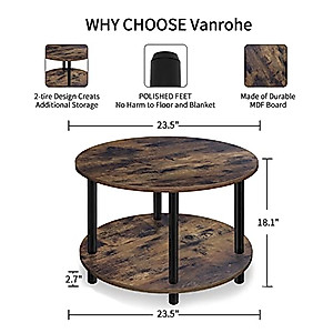 Vanrohe Small Round Coffee Table for Small Space, 23.5" 2-Tier Rustic Brown Wooden Coffee Table with Open Storage for Living Room/Balcony/Office, Metal Legs, Easy to Assemble