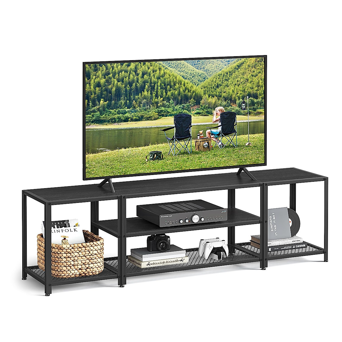 VASAGLE Modern TV Stand for TVs up to 75 Inches, 3-Tier Entertainment Center, Industrial TV Console Table with Open Storage Shelves, for Living Room, Bedroom, Black with Wood Grain ULTV098B22