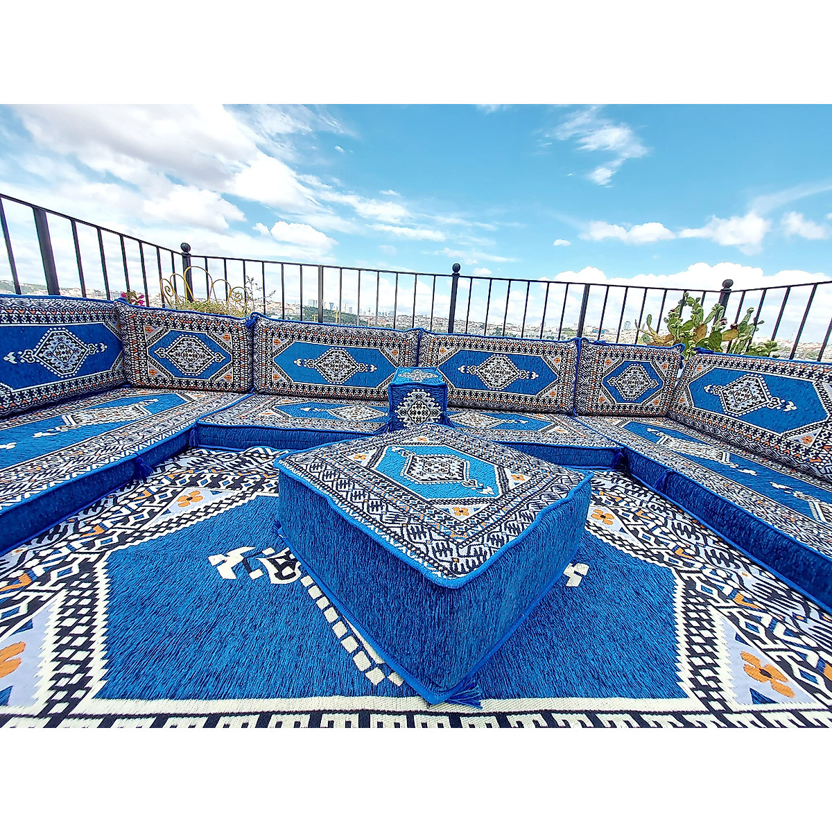 U Shaped Arabic Sofa Set, Terrace Pallet Sofa, Royal Blue Sectional Sofas, Floor Cushions, Arabic Majlis, Pouffs Turkish Floor Seating Set (U Sofas + Rug + Ottoman)