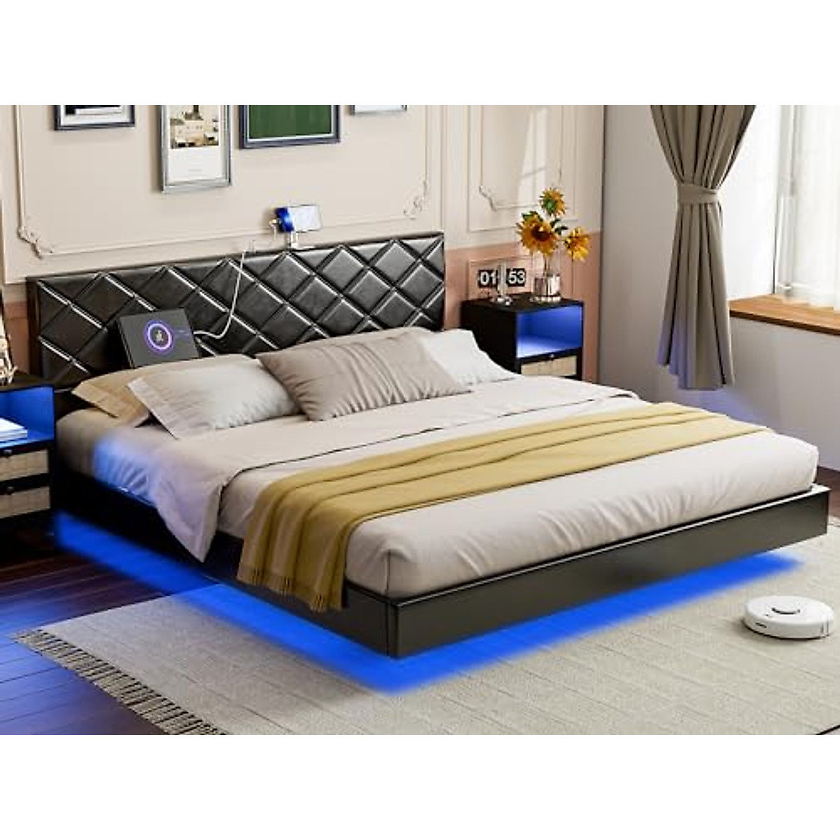 IKIFLY California King Floating Bed Frames with 2 USB Ports - Upholstered Faux Leather Cal King Platform Bed with LED Lights, No Box Spring Needed, Solid Wood Slats, Easy Assembly - Black