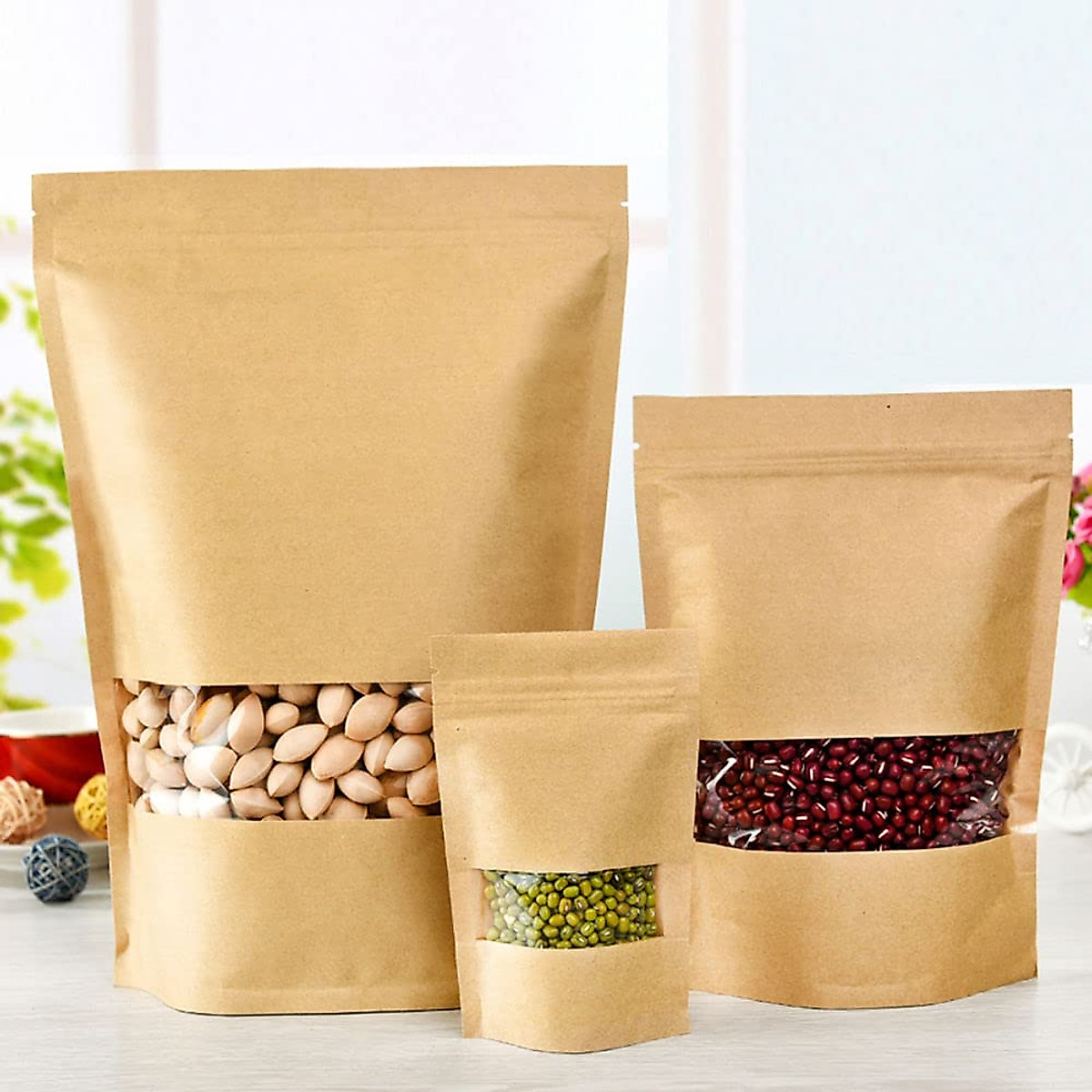 50 pcs Kraft Bags with Window Stand Up Ziplock Seal Paper Bag Resealable Large Food Storage Pouch 10x14in