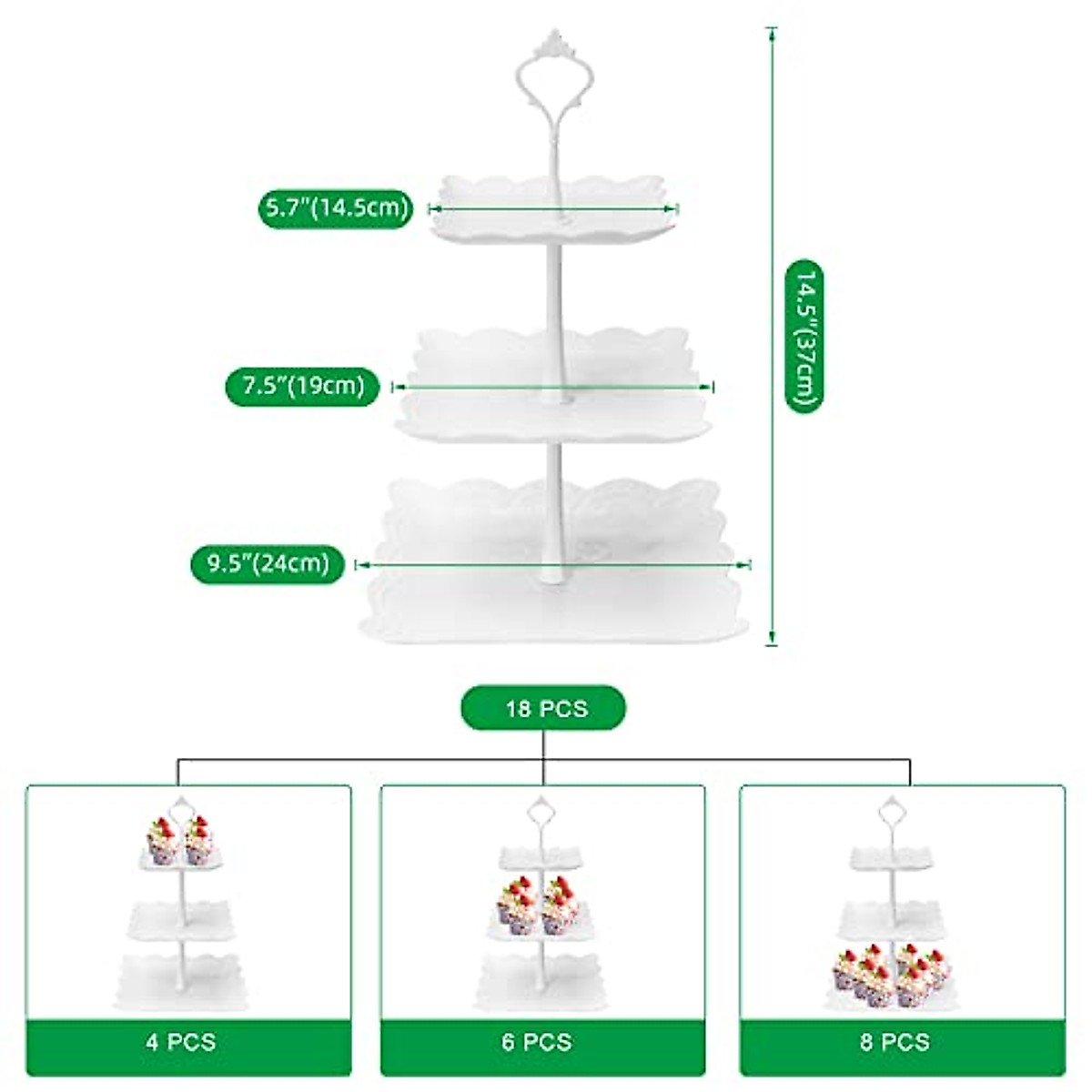 Coitak Plastic Cupcake Stands, 3 Tier Cupcake Stand, Dessert Tower Tray for Tea Party, Baby Shower and Wedding (2 Pack) (Square)