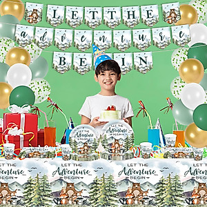 230pcs Let The Adventure Begin Party Supplies Baby Shower Plates Napkins Adventure Tableware Set Disposable Cups Forks Tablecloth Banner and Balloons for Baby Shower Party Decorations Serve 24