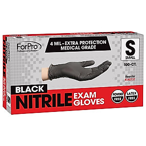 ForPro Disposable Nitrile Exam Gloves, Medical Grade, 4 Mil Extra Protection, Powder-Free, Latex-Free, Non-Sterile, Food Safe, Black, Small, 100-Count