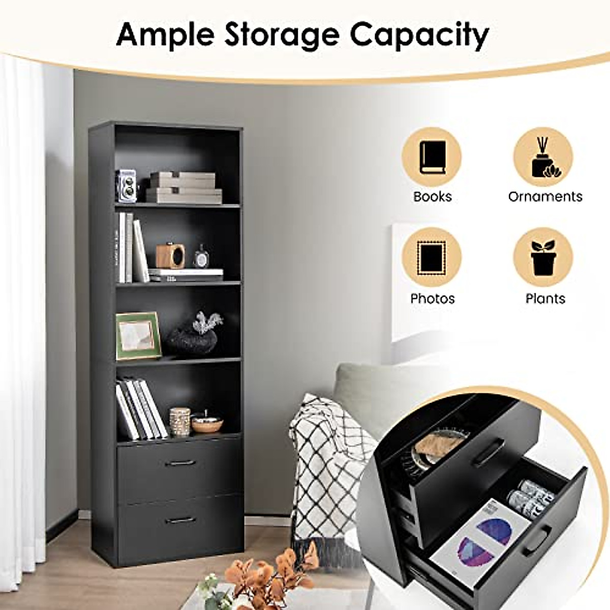 JIMUOO 74’’ Tall Bookshelf with Drawers, 4 Shelf Bookcase with Storage Cabinet, 4 Tier Wooden Book Display Shelf Storage Organizer for Bedroom Office Home Living Room