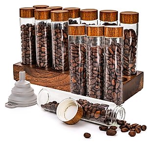 Goaste 12 Pack Coffee Bean Storage Tubes, Glass Cellars with Wooden Stand, Dosing Vials with Lids and Funnel for Tea, Spices, 2oz