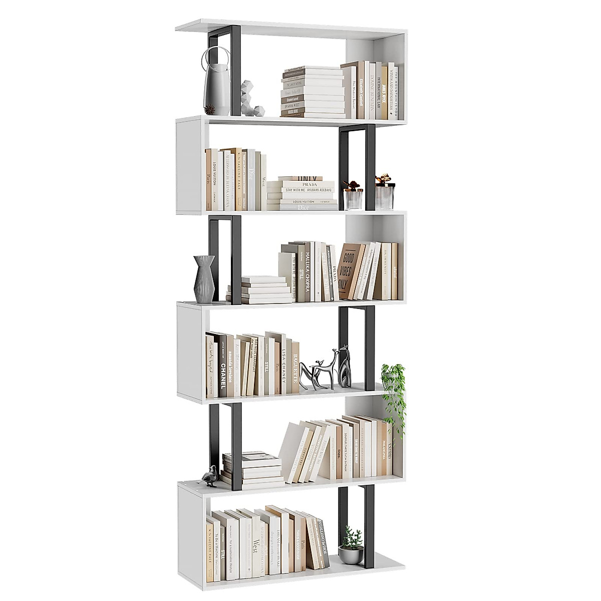 Gadroad 6 Tier Geometric Bookcase,S Shaped Bookshelf, Wood Decorative Storage Shelving, Modern Freestanding Display Shelves, Tall Book Shelf Unit for Living Room Bedroom, White