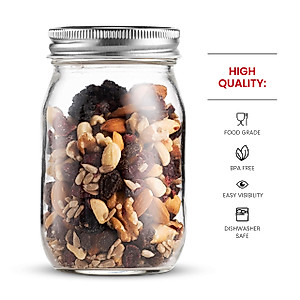 Glass Regular Mouth Mason Jars, 16 Ounce (4 Pack) Glass Jars with Silver Metal Airtight 1 Piece Lids for Meal Prep, Food Storage, Canning, Drinking, Overnight Oats, Jelly, Dry Food, Salads, Yogurt