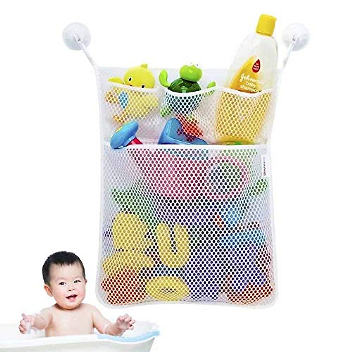 Eutuxia Bath Toy Organizer, Quick Dry Hanging Mesh Net Bathtub Storage with 4 Pockets & 4 Adhesive Hooks for Kids Toys and Bathroom Essentials. Shower Caddy for Decor, Fun, Educational, 19.76" x 14"