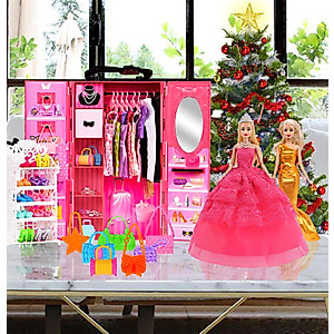 ebuddy 105 Pcs Doll Closet Wardrobe Set Closet Playest Toys Doll Clothes and Accessories for 11.5 Inch Girl Doll Including Wardrobe,Shoes Rack,Dress,Shoes Hangers,Necklace (No Doll)