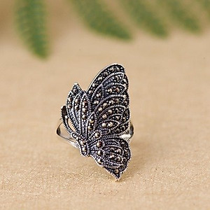 Retro 925 Sterling Silver Butterfly Ring with Marcasite Stones for Women Size 9