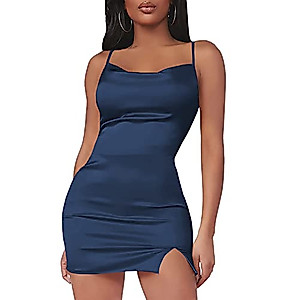 LYANER Women's Satin Silk Spaghetti Strap Slit Bodycon Sleeveless Mini Dress Navy Blue Medium
