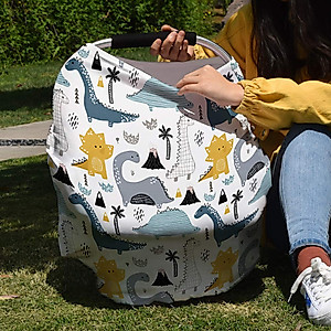 Baby Car Seat Covers Dinosaur, Nursing Cover Breastfeeding Scarf/Shawl, Infant Carseat Canopy, Stretchy Soft Breathable Multi-use Cover Ups, Cartoon Dinosaurs Cute Sketch with Volcanic