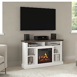 NORTHWEST Corner TV Stand with Electric Fireplace Fits 55-Inch TVs - Console with Storage Cabinet, Remote, Adjustable Heat, and LED Flames (White)
