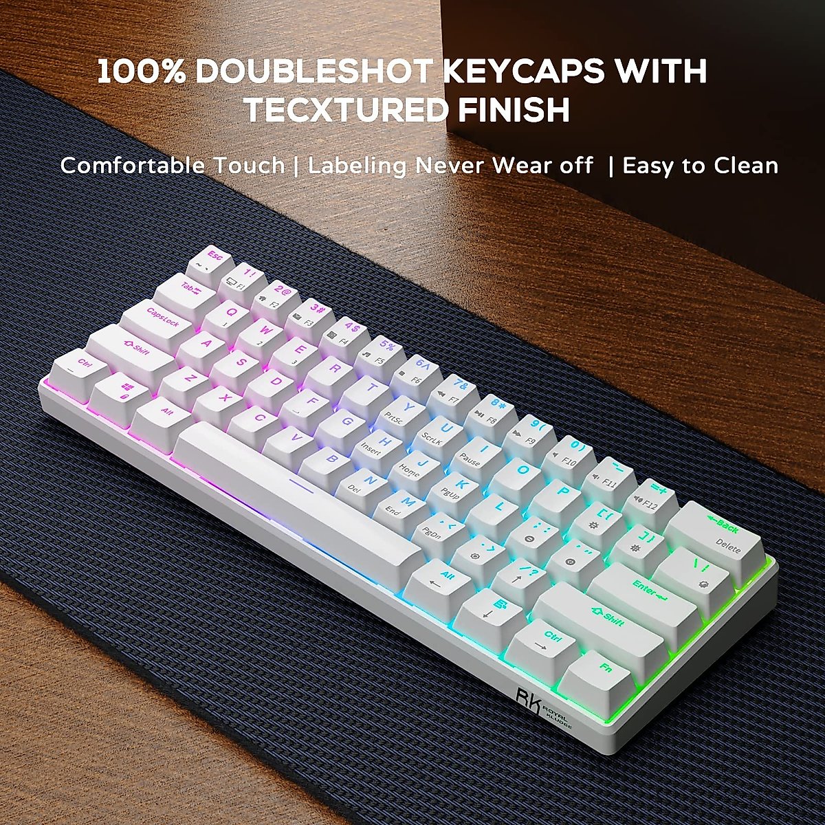 RK ROYAL KLUDGE RK61 60% Mechanical Keyboard with Coiled Cable, 2.4Ghz/Bluetooth/Wired, Wireless Bluetooth Mini Keyboard 61 Keys, RGB Hot Swappable Red Switch Gaming Keyboard with Software - White