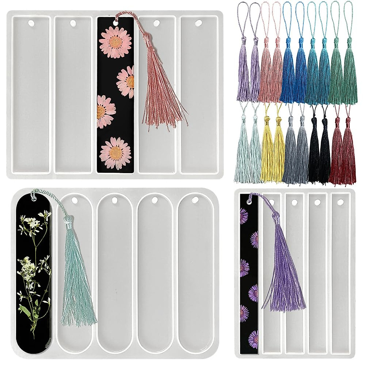 RESINWORLD Set of 3 Shiny Bookmarks Silicone Mold, Bookmark Resin Mold with Tassels, Small Medium Rectangle Bookmark Mold