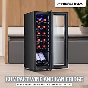 Phiestina Wine Cooler, Freestanding Wine Fridge Holds 12 Bottles, Small Wine Refrigerator for Home Bar with Digital Temperature Control, Glass Front Doors and Interior Lighting