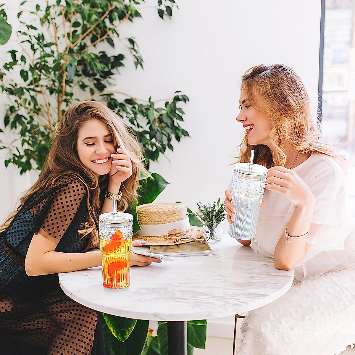 FULGNU Glass Cups with Lids and Straws, 24 OZ Glass Tumbler with Straw and Lid Iced Coffee Cups, High Borosilicate Glasses Clear Glass Cups Set for Cocktail,Smoothie,Water