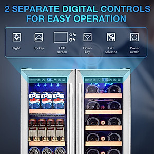 CHEFJOY Beverage and Wine Cooler Refrigerator, Dual Zone 2-in-1 Wine Fridge Cellar w/Independent Temperature Control, LED Lights, 18 Bottles & 57 Cans, Quiet Operation, Freestanding or Built-in