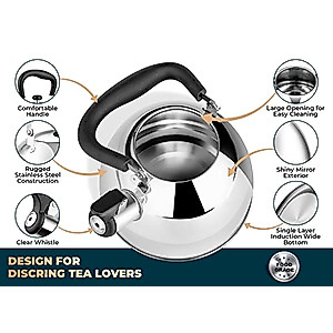 Tea Kettle for Stove Top - HIHUOS 2.2QT Whistling Teapot for Stovetop with Universal Base - Food Grade Stainless Steel Tea Pots for Stove Top - Mirror Sleek Teakettle with Cool Grip Bakelite Handle