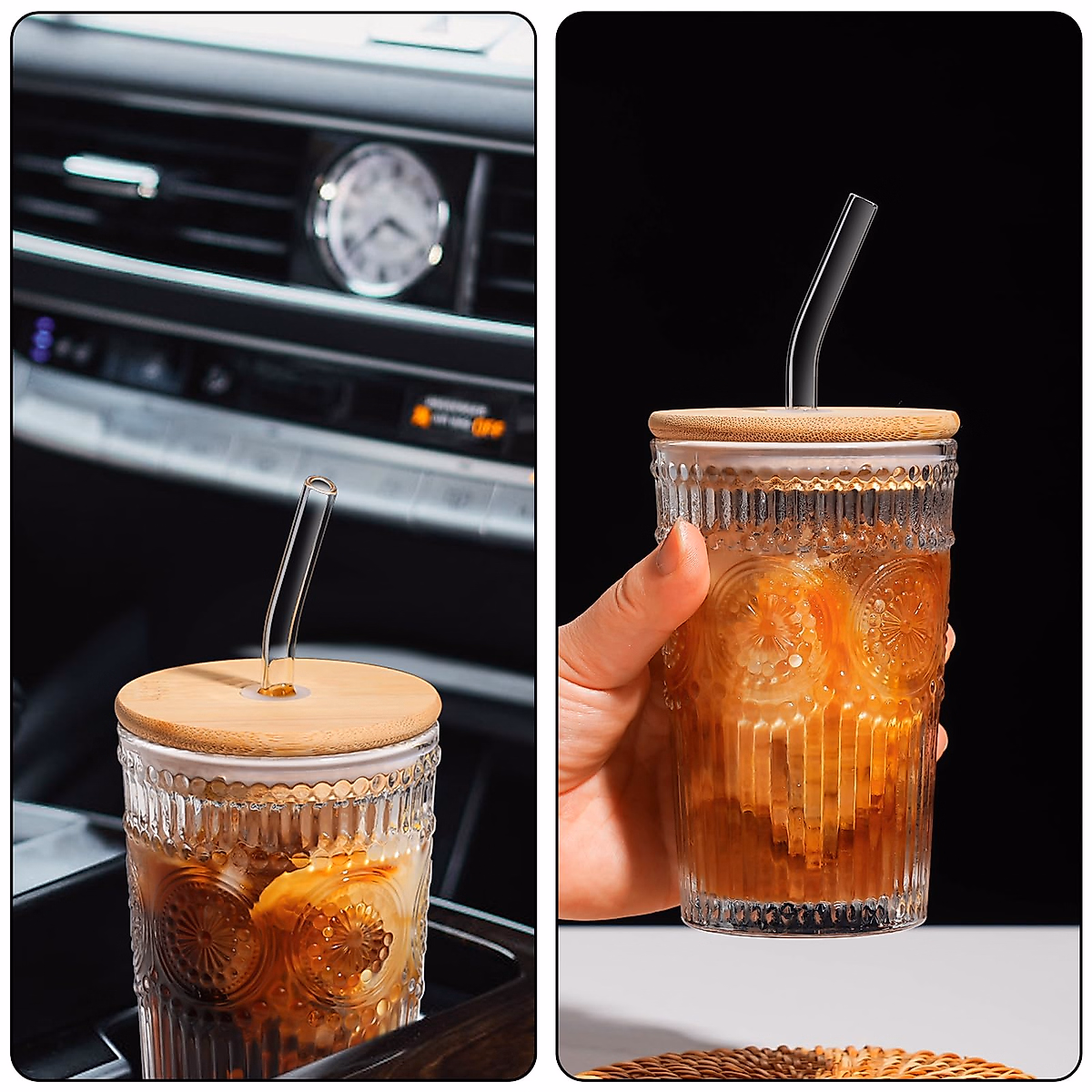 Baalaka Glass Cups with Lids and Straws, Glass Tumbler, 12 OZ Iced Coffee Cups, Drinking Glasses for Cocktails, Tea Cups with 1 Cleaning Brush
