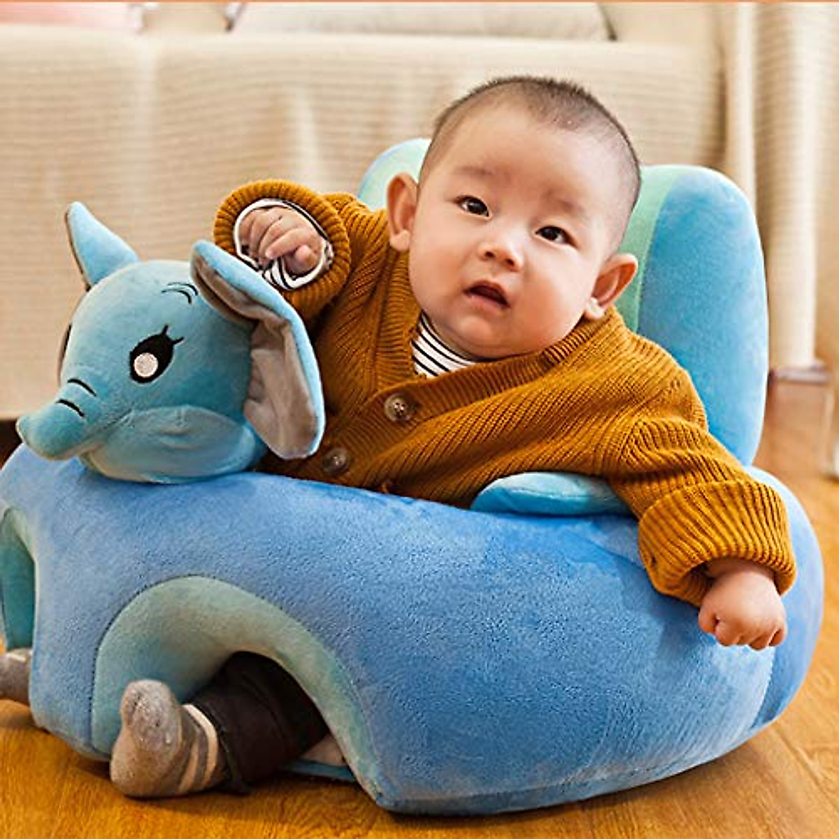 AIPINQI Baby Support Sofa, Infant Sitting Chair Safe Baby Sofa Chair Baby Sit Up Chair Back Head Protect Seat Learn to Sit Chair for Toddlers 3-24 Month Baby Floor Plush Lounger (Elephant)