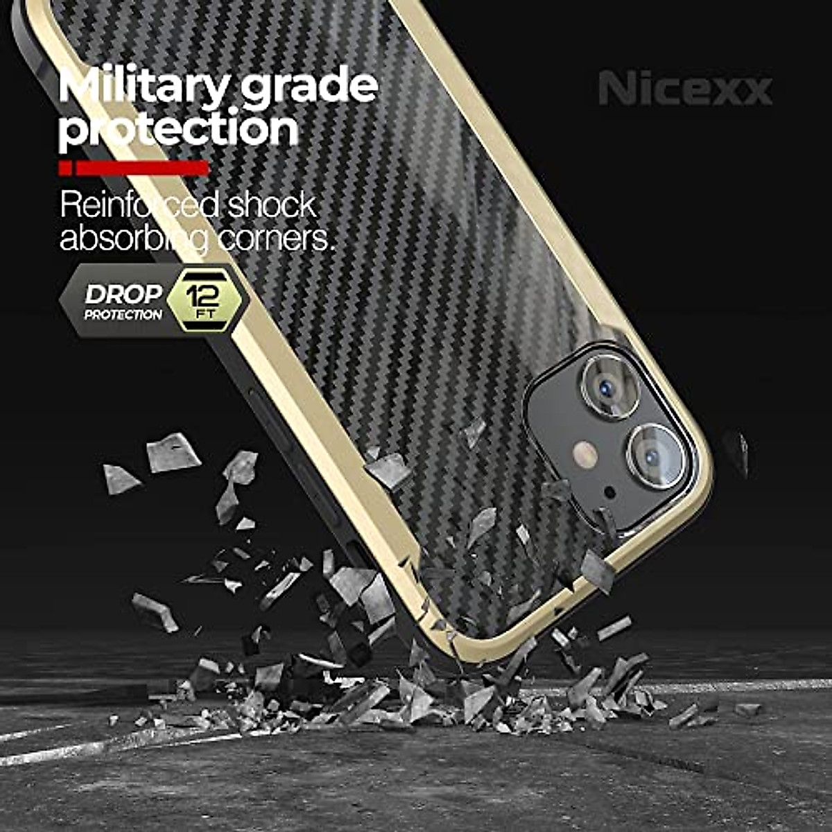 Nicexx Designed for iPhone 12 Case/Designed for iPhone 12 Pro Case with Carbon Fiber Pattern, 12ft. Drop Tested, Wireless Charging Compatible - Gold