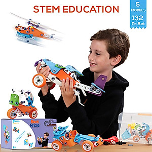 STEM Learning Toys for 6-8 Year-Old Boys & Girls. Building Toy Set, Early Learning Construction, 132 Pc Kit Set, Fun and Creative Educational Models (5 in 1), Includes Toolbox Storage, Best Toy Gifts